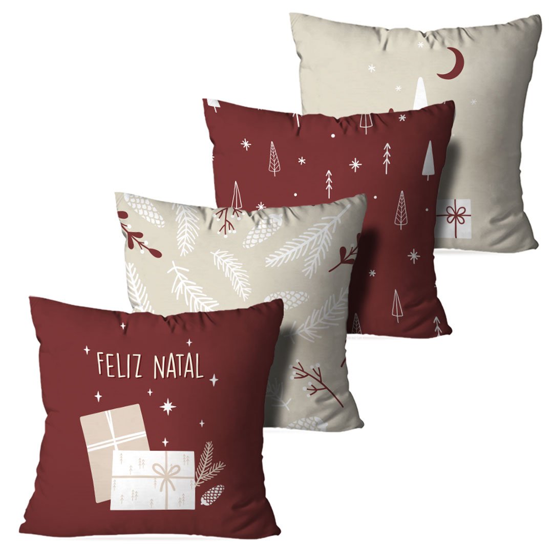 Kit 4 Capas para Almofadas de Natal Feliz Natal Bordô