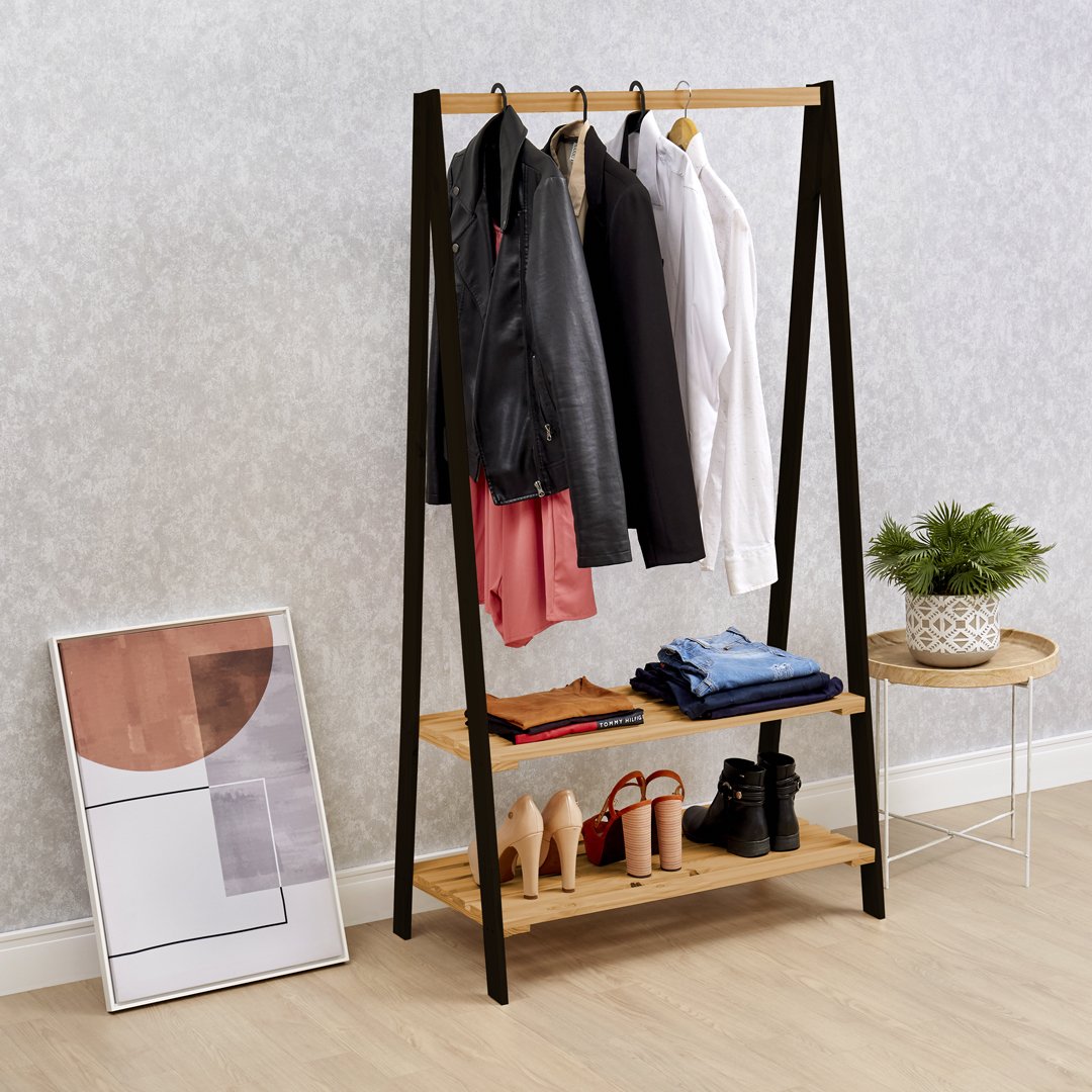 Arara para Roupas com 2 Prateleiras Mel / Preto